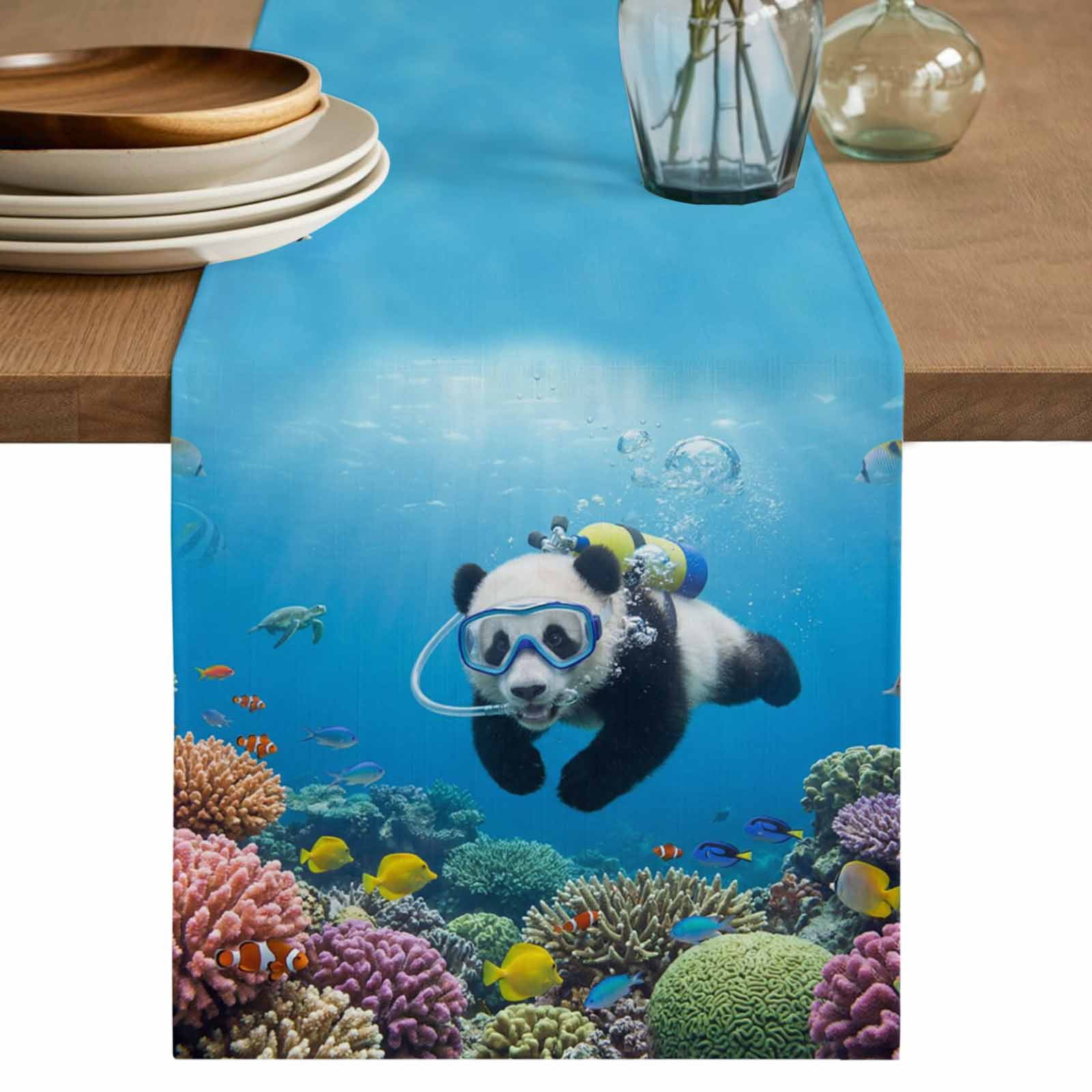 Table Runner - 108 Inch Long, Funny Diving Panda Kitchen Dining Table ...