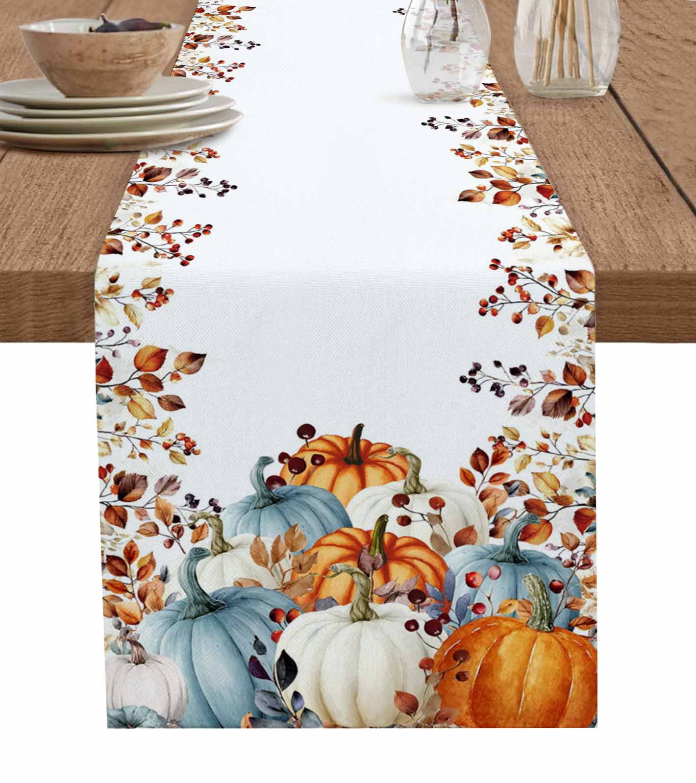Table Runner 108 Inches Long for Kitchen Dining, Orange Blue Pumpkins ...