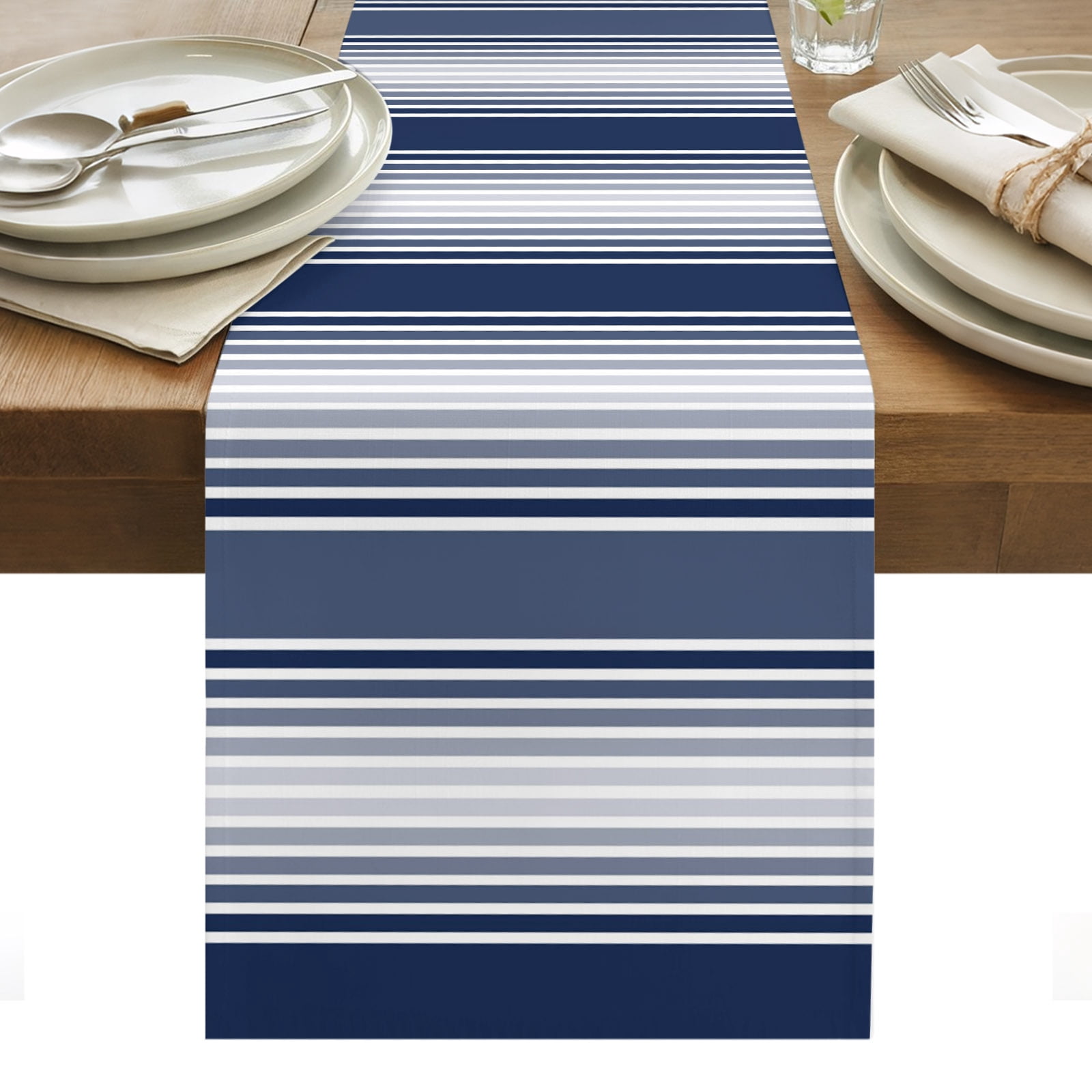 Table Runner 13x36in Long, Dark Blue Striped Linen Washable Dresser ...