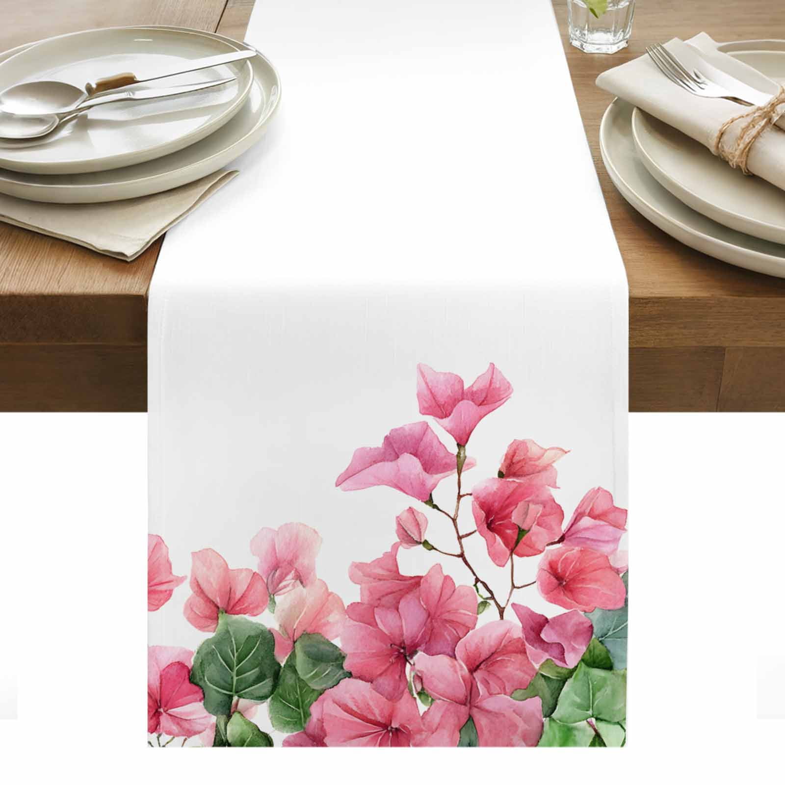Table Runner 13x70in Long, Spring Pink Pastoral Flower on White Linen ...