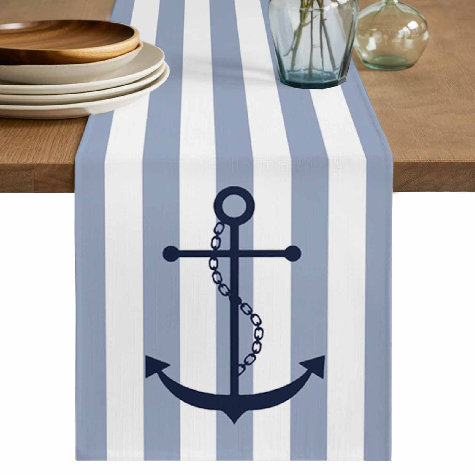 Table Runner 36 Inch Long - Nautical Anchor Horizontal Stripe ...