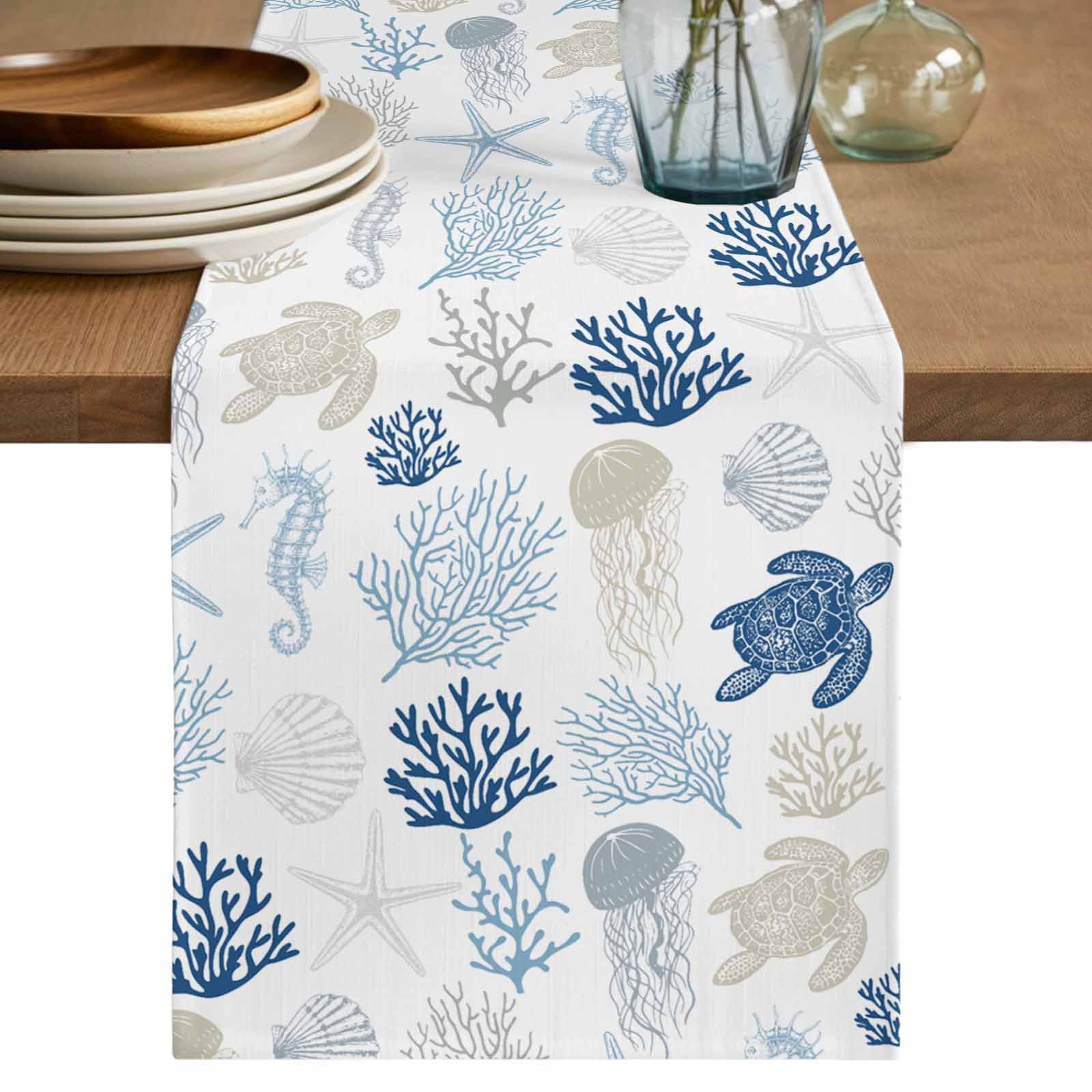 Table Runner 36 Inch Long - Sea Turtle Blue Coral Seamless Decorative ...