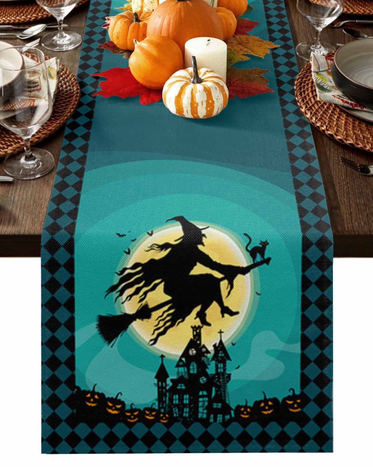 Table Runner 48 Inches Long, Halloween Witch Castle Moon Black Green ...