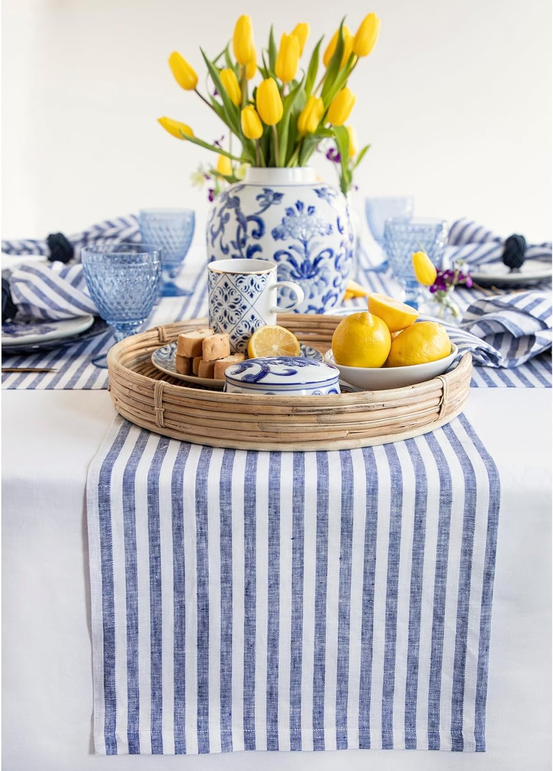 Table Runner 60 Inches - Amalfi Stripe Pure Linen Navy and White Table ...