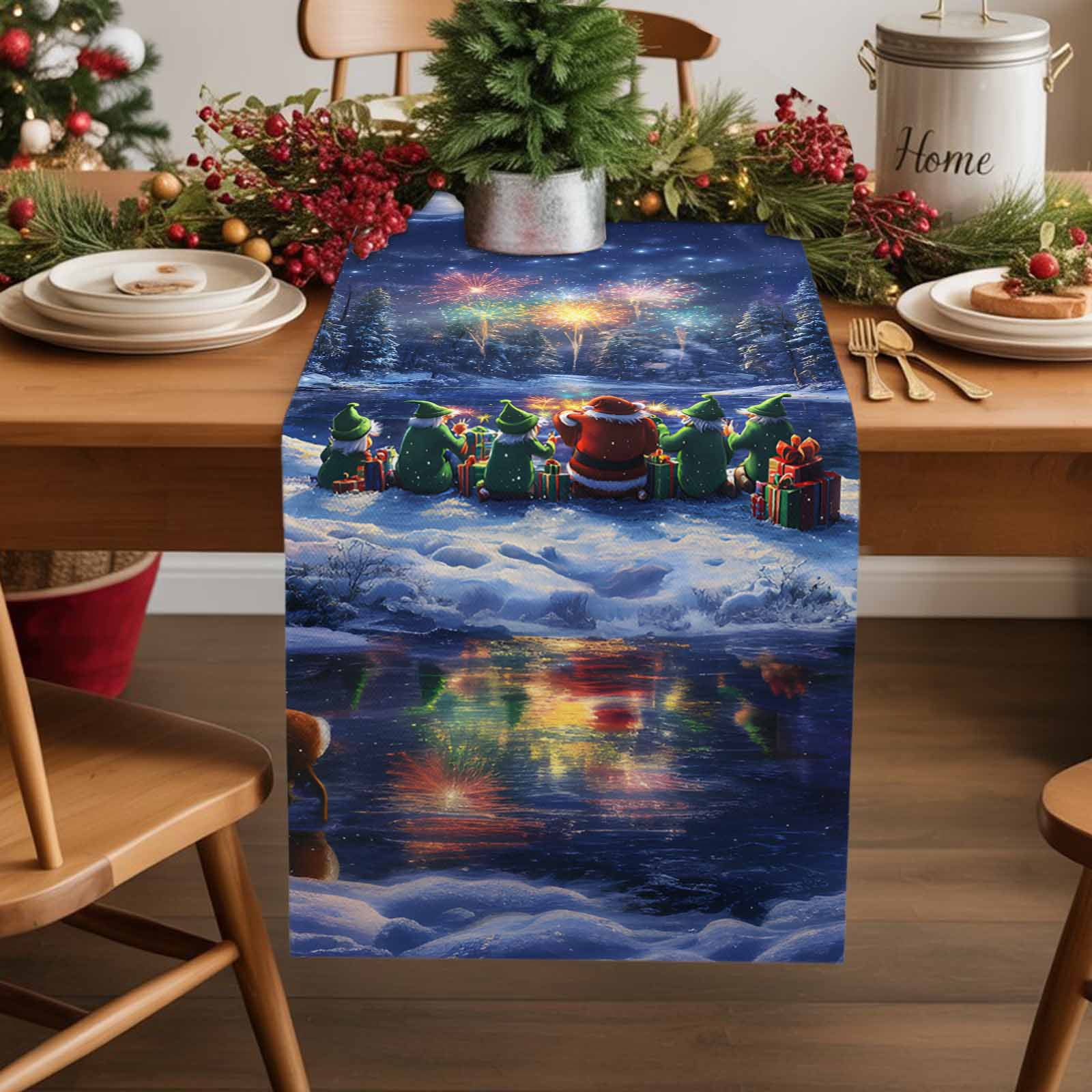 Table Runner 70 Inch Long - Christmas Santa Claus Elves Watching ...