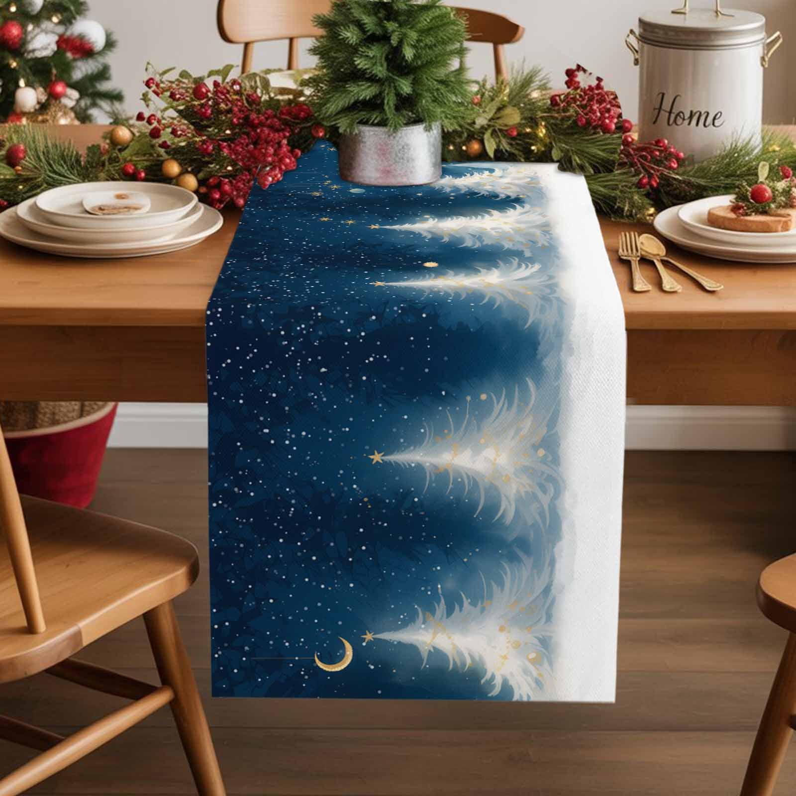 Table Runner 70 Inch Long - Christmas Tree Stars Moon NightDecorative ...