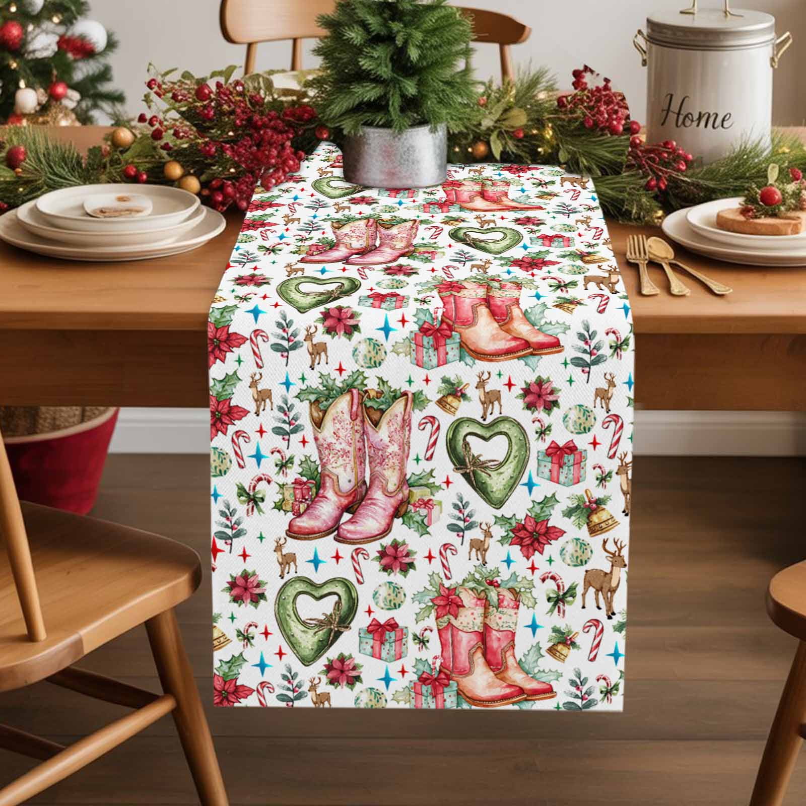 Table Runner 70 Inch Long - Christmas Western Boot FlowerDecorative ...