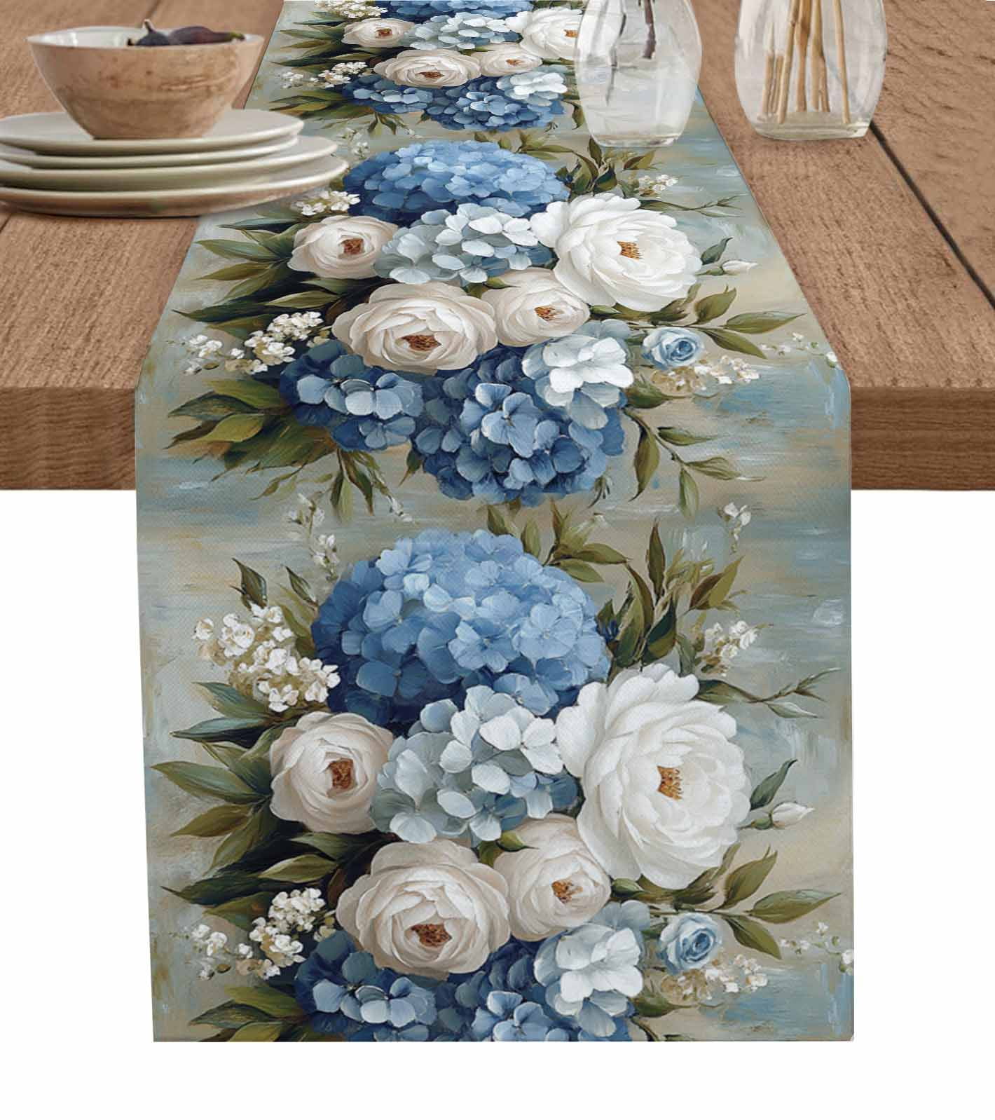 Table Runner 70 Inch Long - Farm Blue White HydrangeaDecorative Table ...