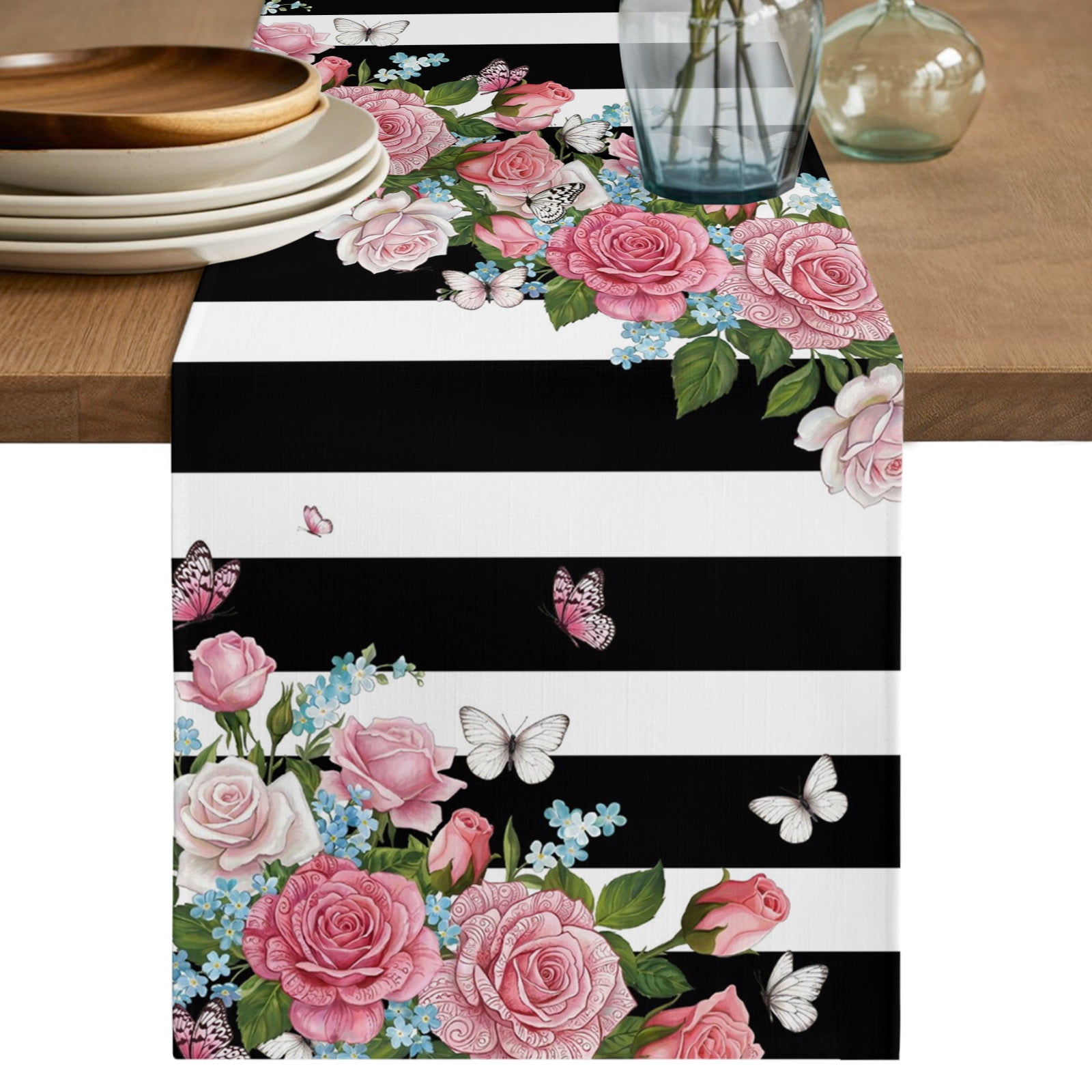 Table Runner 72 Inch Long - Spring Rose Flower Butterfly Decorative ...