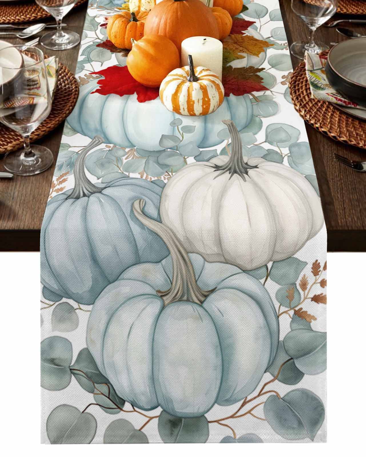 Table Runner 72 Inches Long, Fall Thanksgiving Green Pumpkin Eucalyptus ...