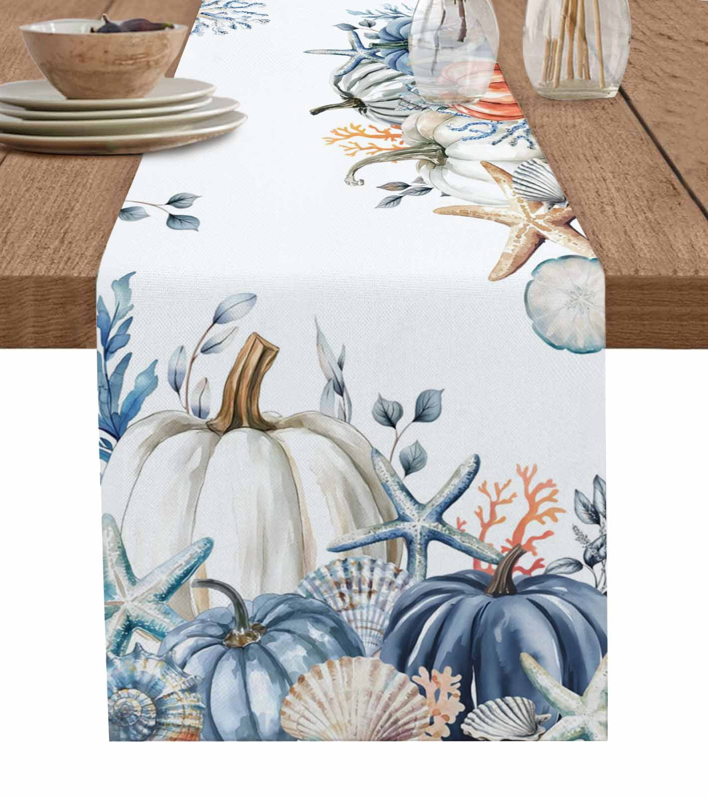 Table Runner 72 Inches Long for Kitchen Dining, Blue Pumpkin Coastal ...