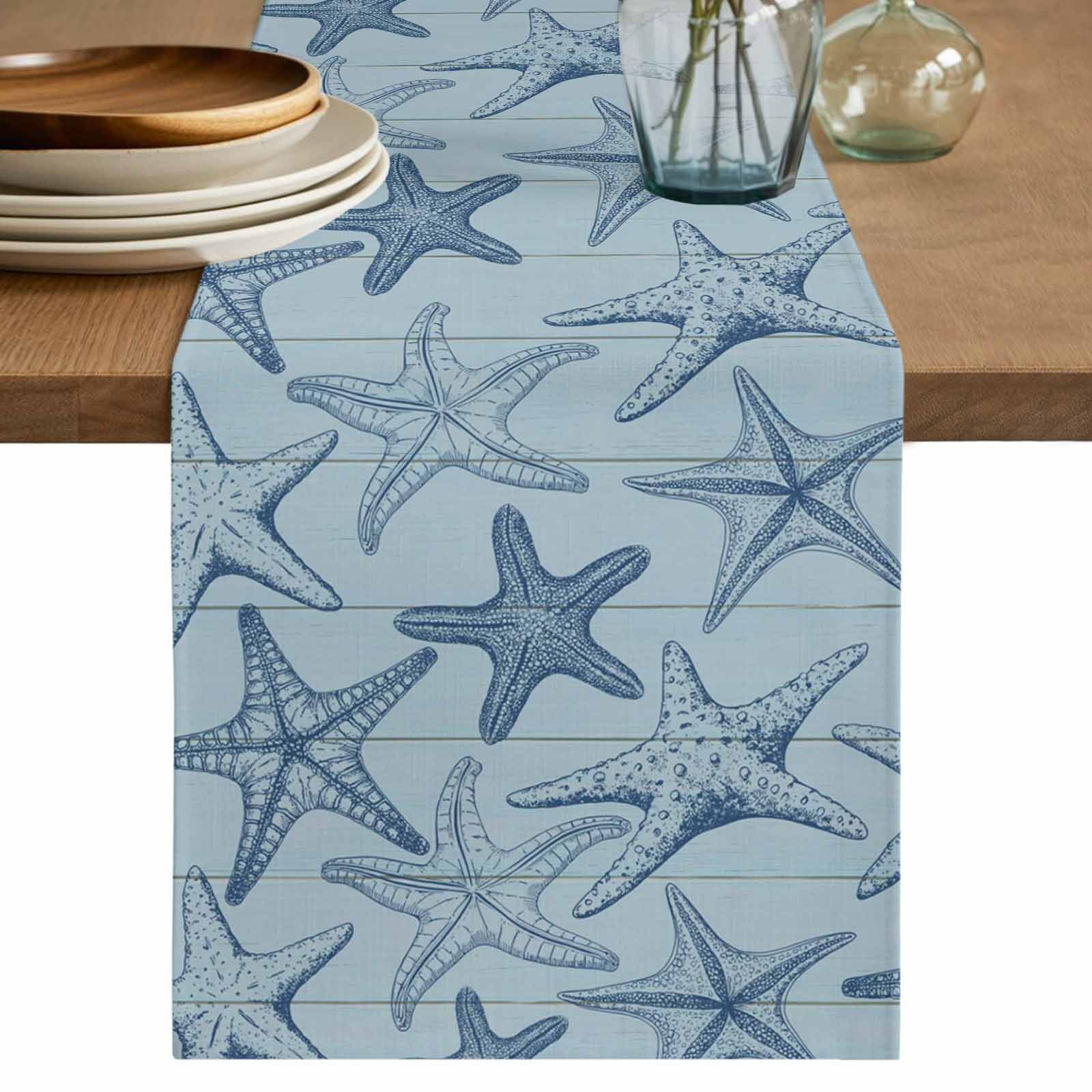Table Runner 72 Inches Long for Kitchen Dining, Navy Blue Starfish ...