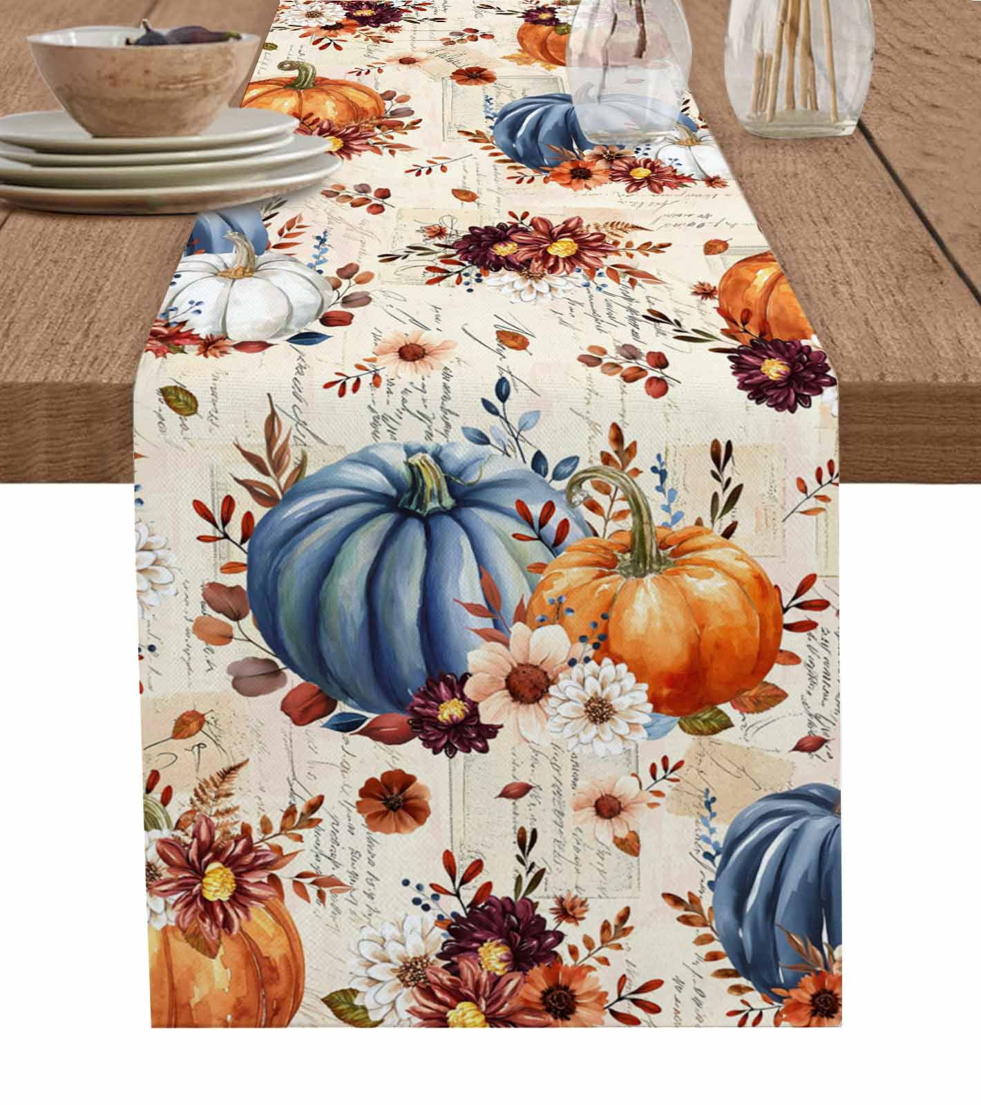 Table Runner 72 Inches Long for Kitchen Dining, Orange Blue Pumpkin ...