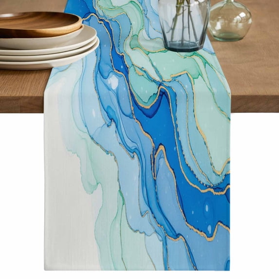 Table Runner 72 Inches Long for Kitchen Dining, Turquoise Blue Marble ...