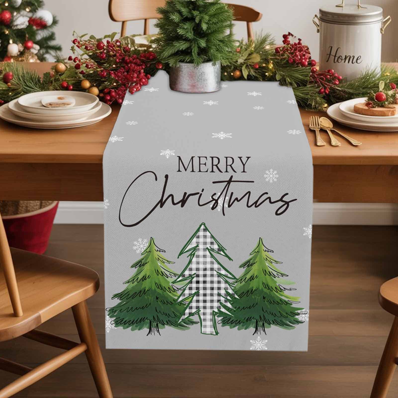 Table Runner 90 Inch Long - Abstract Plaid Green Pine Trees on ...