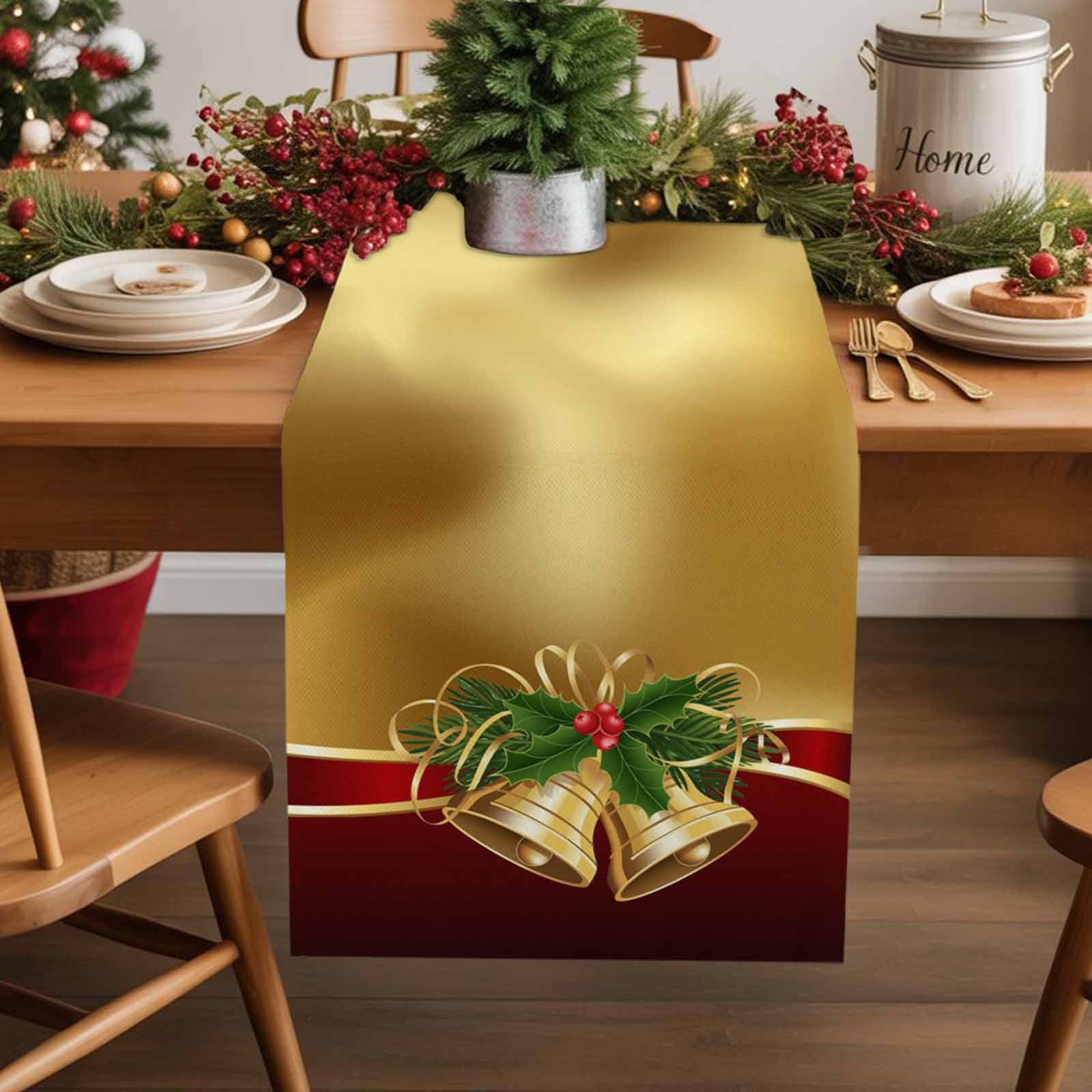 Table Runner 90 Inch Long - Christmas Golden Bells Holly LeafDecorative ...