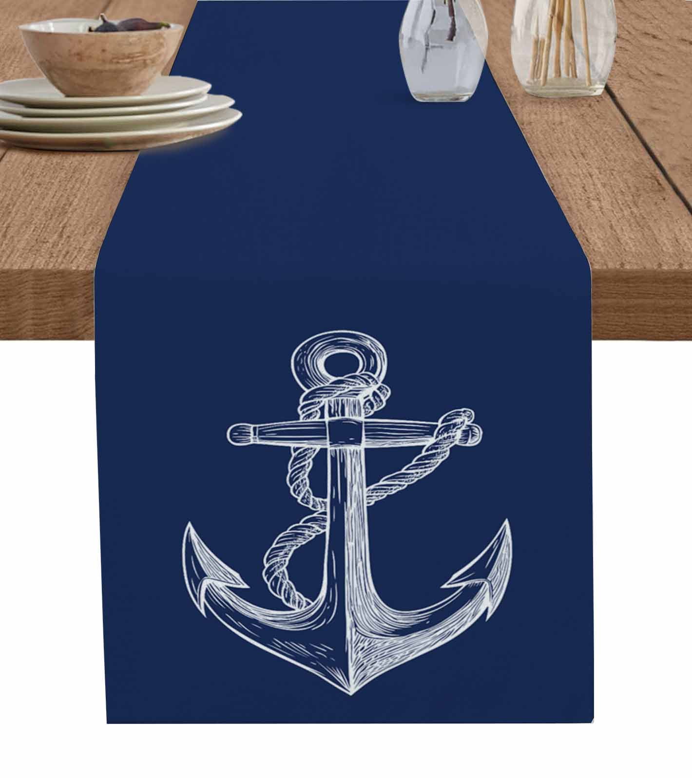 Table Runner 90 Inch Long - Nautical Anchor Navy BlueDecorative Table ...