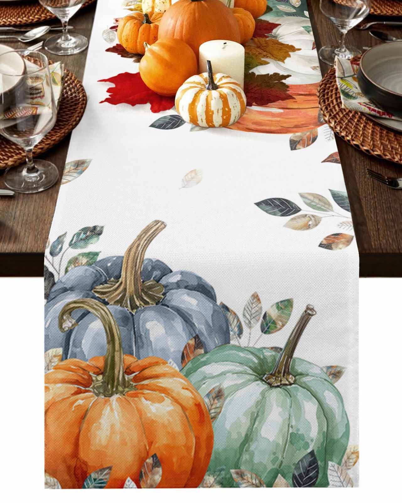 Table Runner 90 Inches Long, Fall Leaves Colorful Pumpkins Solid White ...