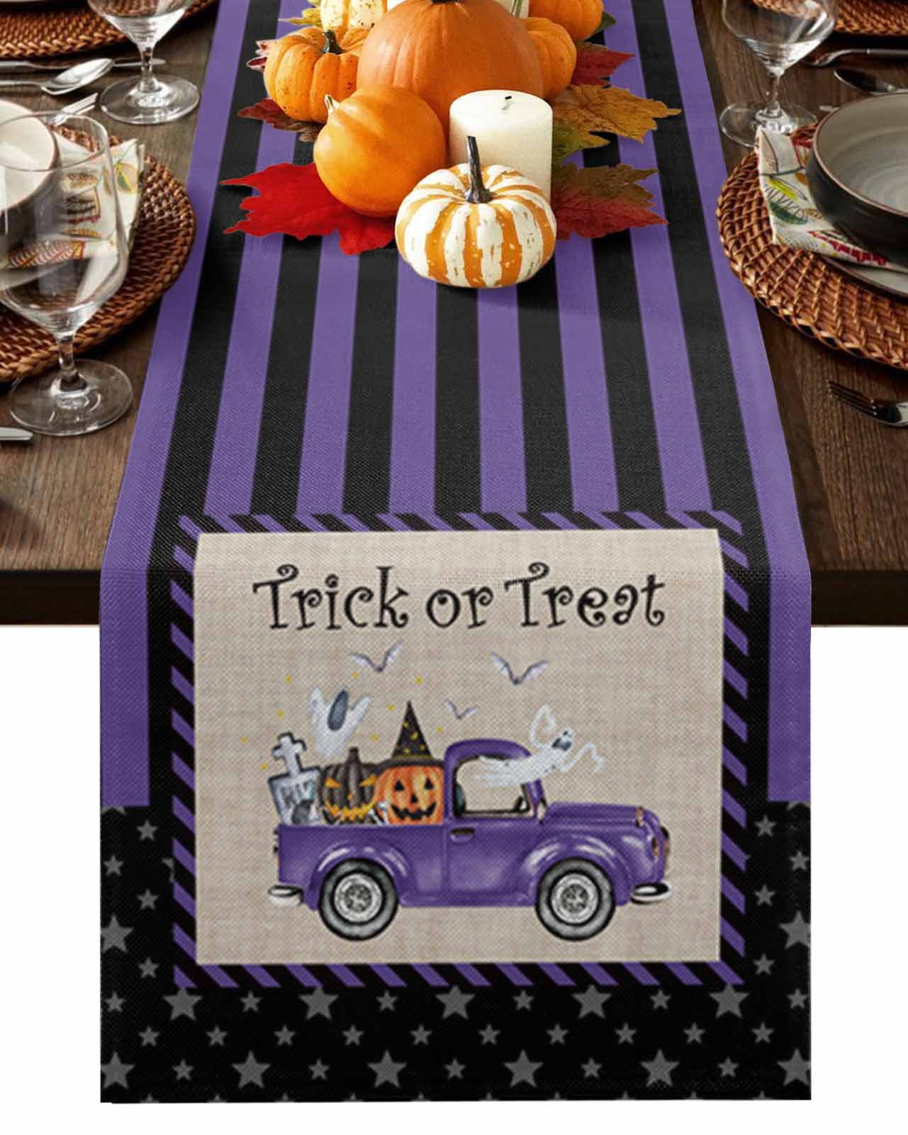 Table Runner 90 Inches Long, Halloween Purple Truck Pumpkin Ghost Linen ...