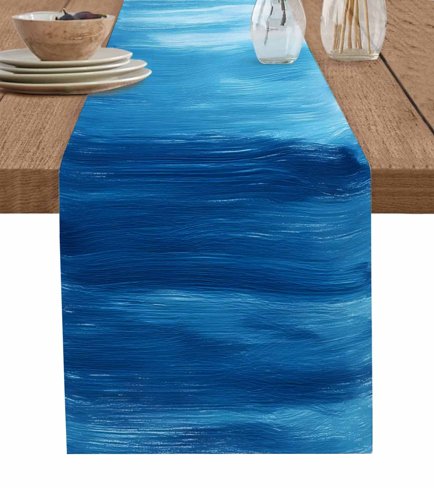Table Runner Abstract Art Modern Ocean Waves Blue Ombre Painting Style ...