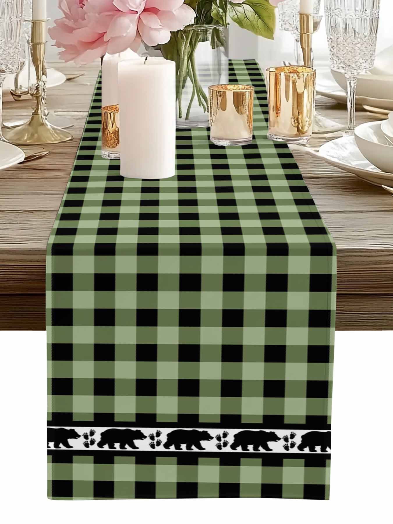 Table Runner Bear Footprints Green Buffalo Plaid Table Runners Forest ...