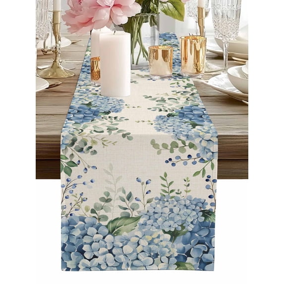 Table Runner Blue Hydrangea Table Runners Green Eucalyptus Leaves Linen ...