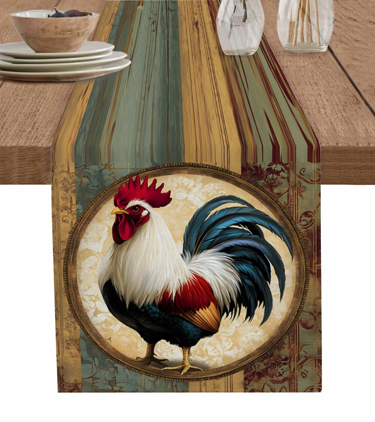 Table Runner Cartoon Rooster Flowers Table Decoration for Kitchen ...
