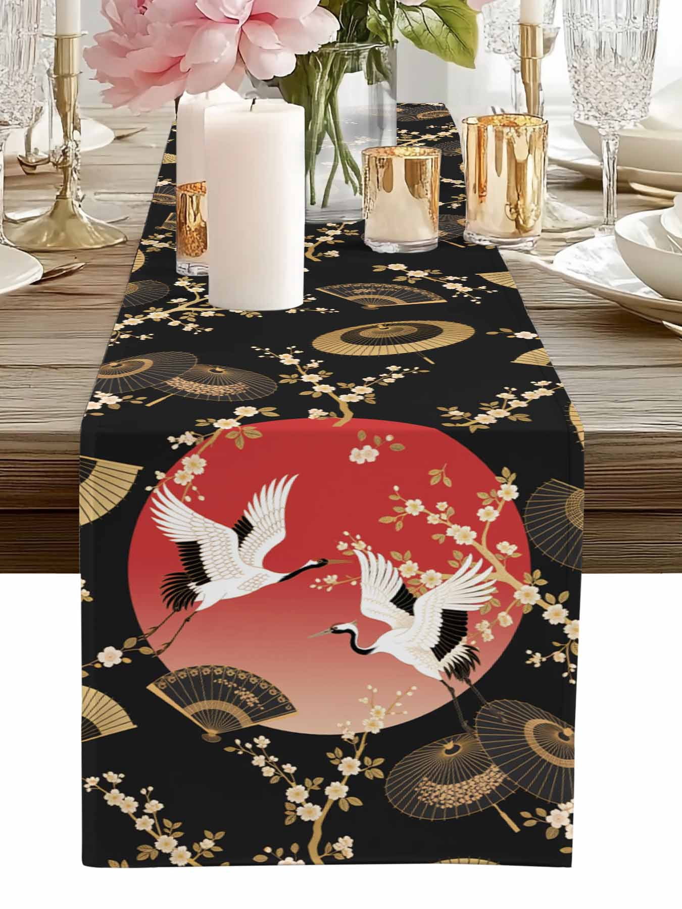 Table Runner Cherry Blossom Crane Table Runners Paper Fan Japanese ...