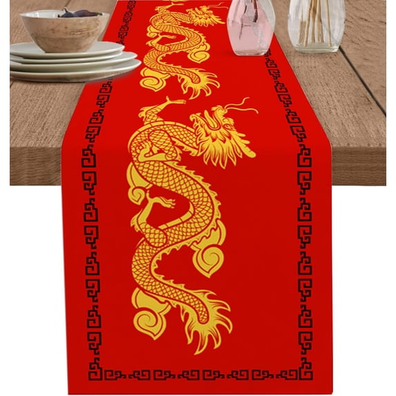 Table Runner, Chinese New Year Dragon and Phoenix in Auspiciousness Red ...