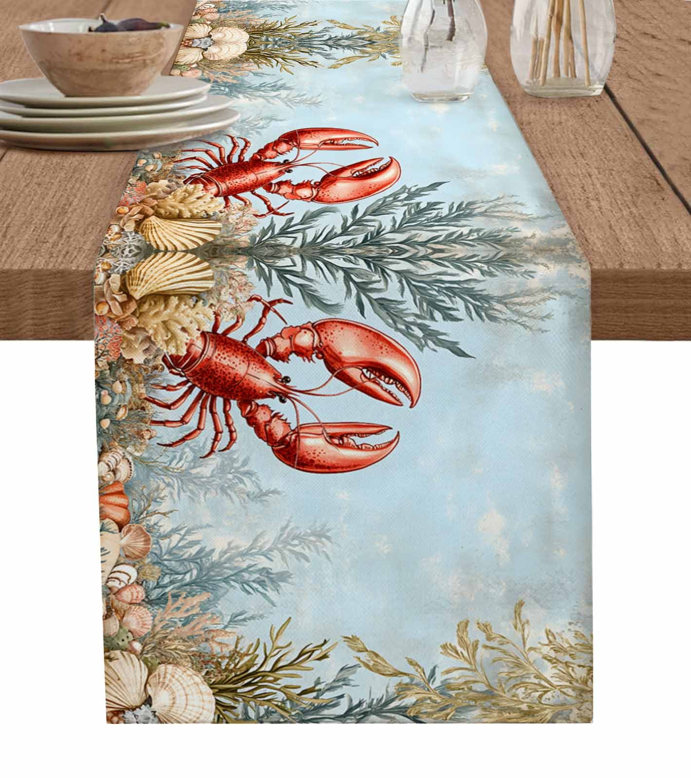 Table Runner Coastal Ocean Lobster Shell Coral Vintage Marine Life ...