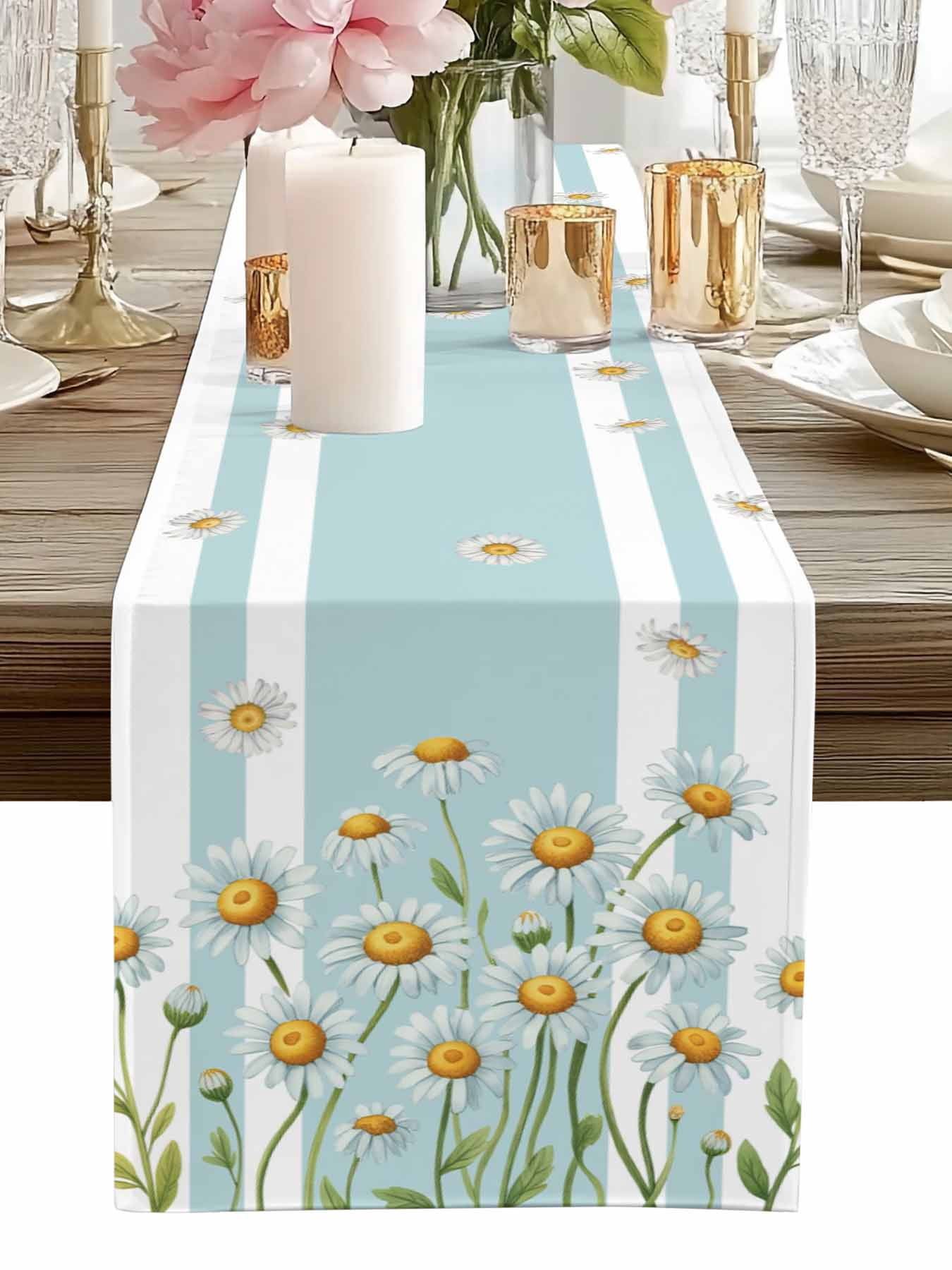 Table Runner Daisy Flower Table Runners Watercolor Blue Leaves Stripes ...