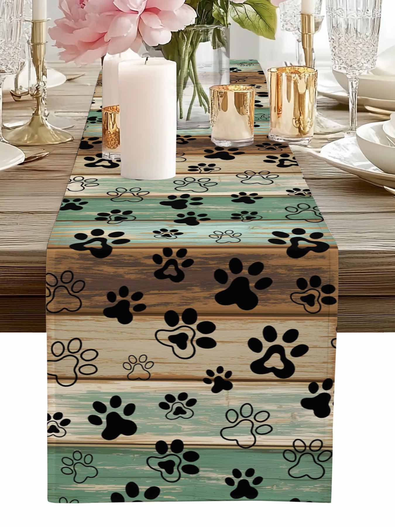 Table Runner Dog Claw Paw Print Table Runners Pet Green Brown Wood ...