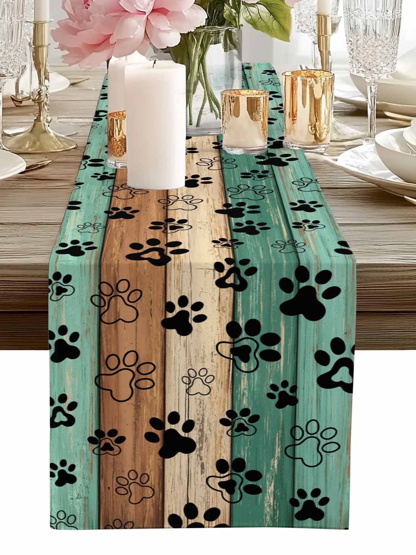 Table Runner Dog Paw Print Table Runners Retro Brown Sage Green Wood ...