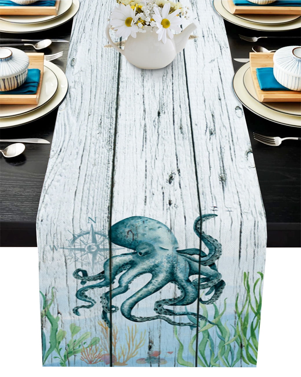 Table Runner Dresser Scarf 13 x 48 Inch Sea Animals Ocean Octopus Retro ...
