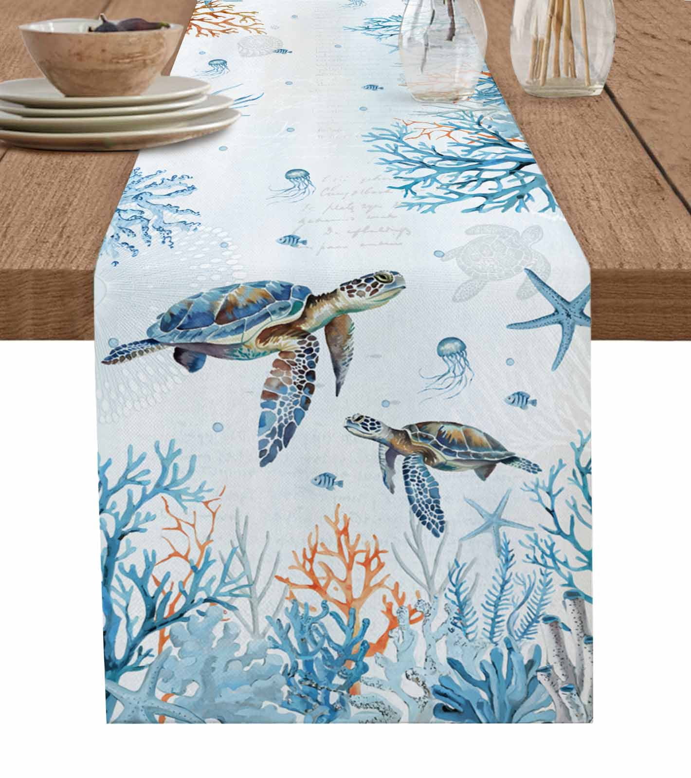 Table Runner Dresser Scarf 13 x 60 Inch Sea Turtle Seagrass Coral ...
