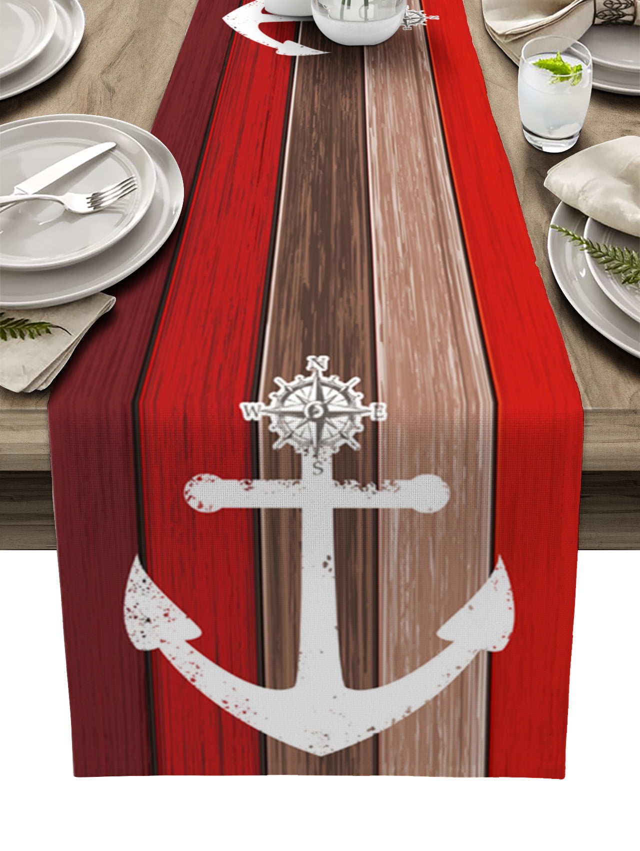 Table Runner Dresser Scarf 13 x 60 Inch White Anchor Compass Farm Barn ...
