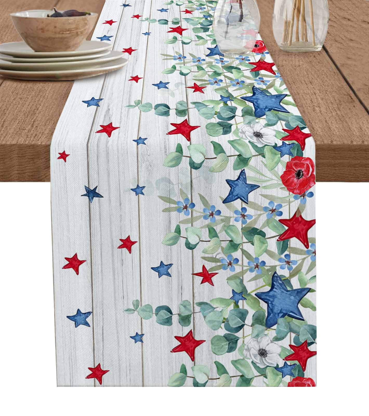 Table Runner Dresser Scarf 13 x 70 Inch Red Blue Star Rattan White Wood ...