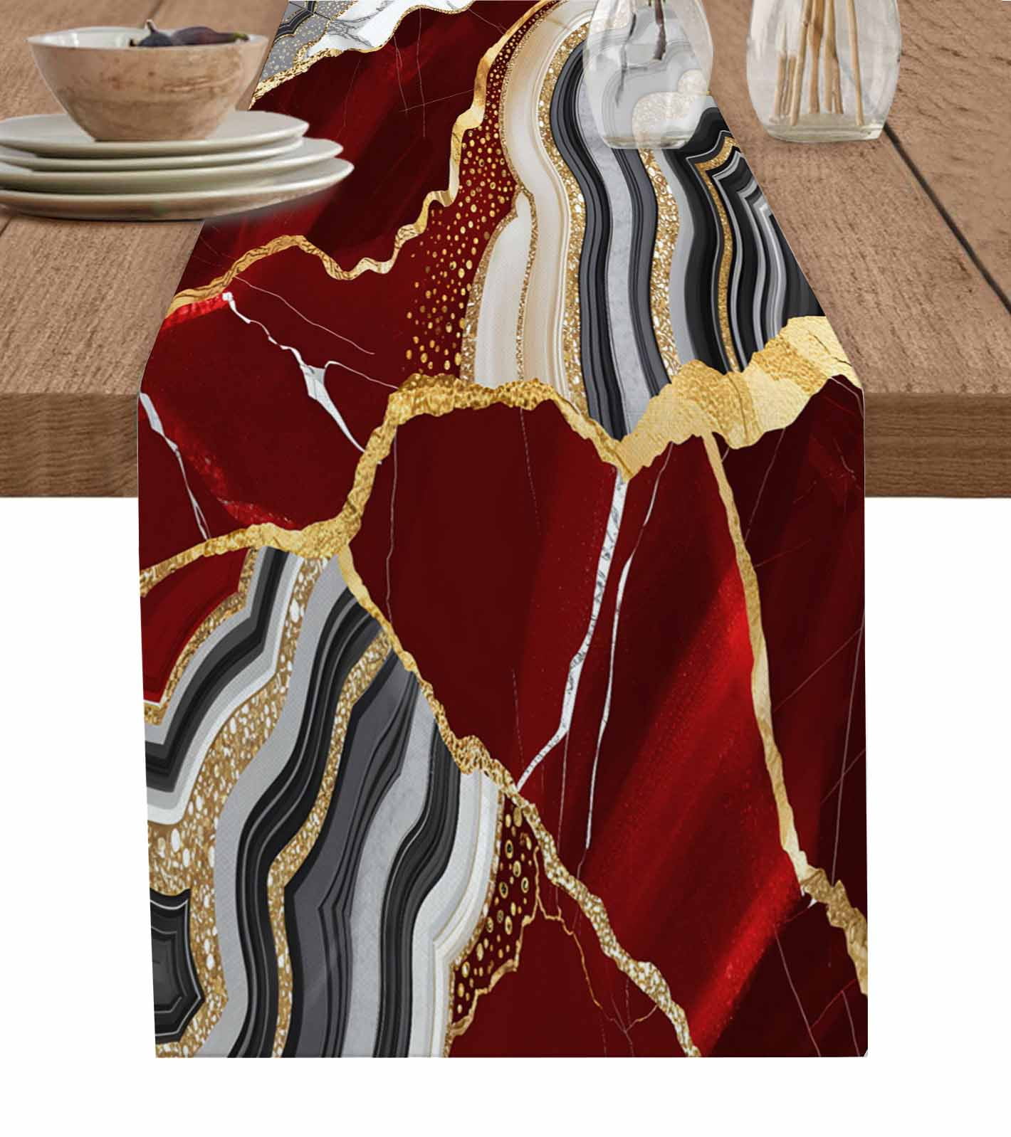 Table Runner Dresser Scarf 13 x 70 Inch Red Gold Marble Glitter ...