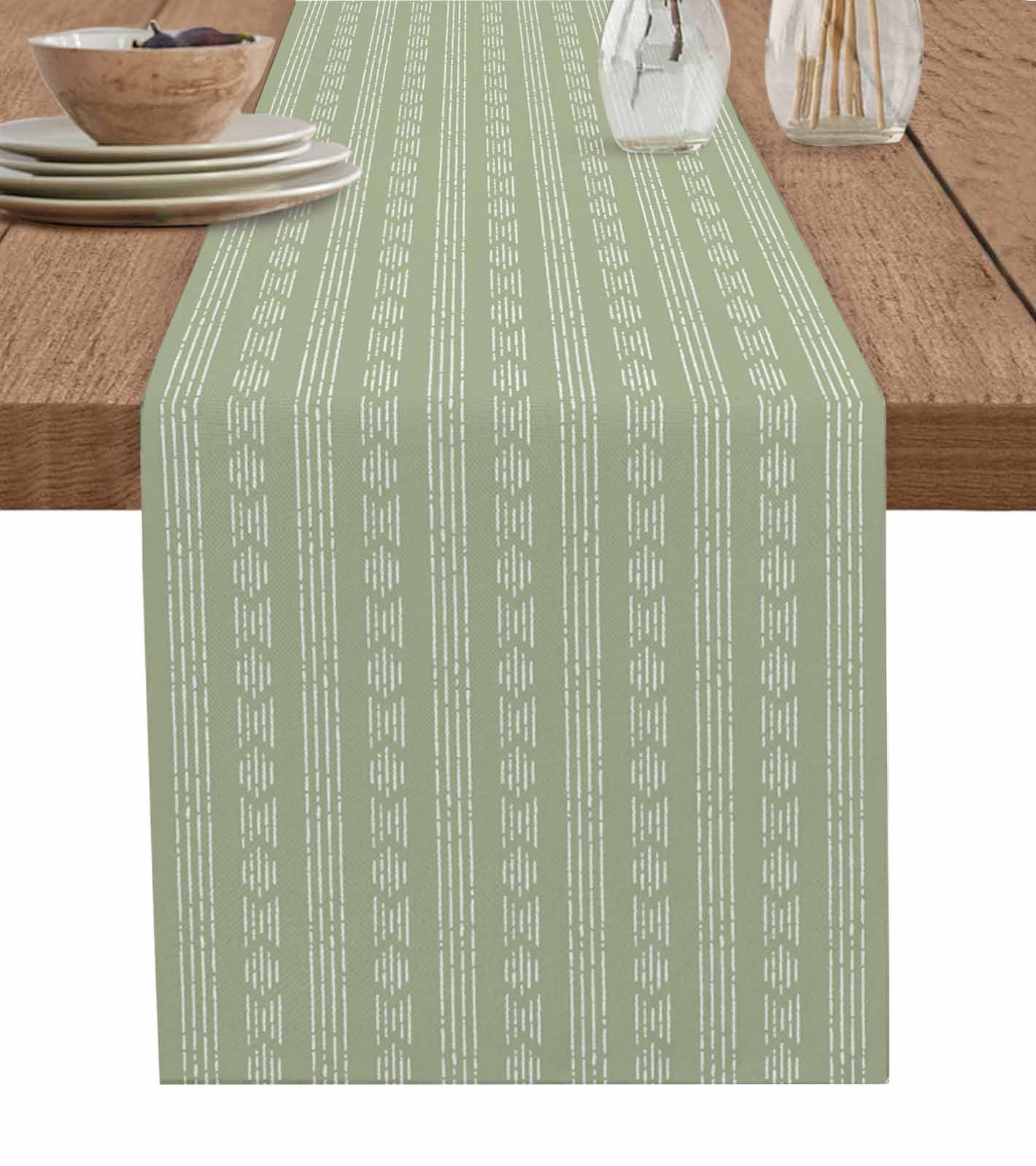 Table Runner Dresser Scarf 13 x 72 Inch Boho White Striped Farmhouse Style Sage Green Table ...