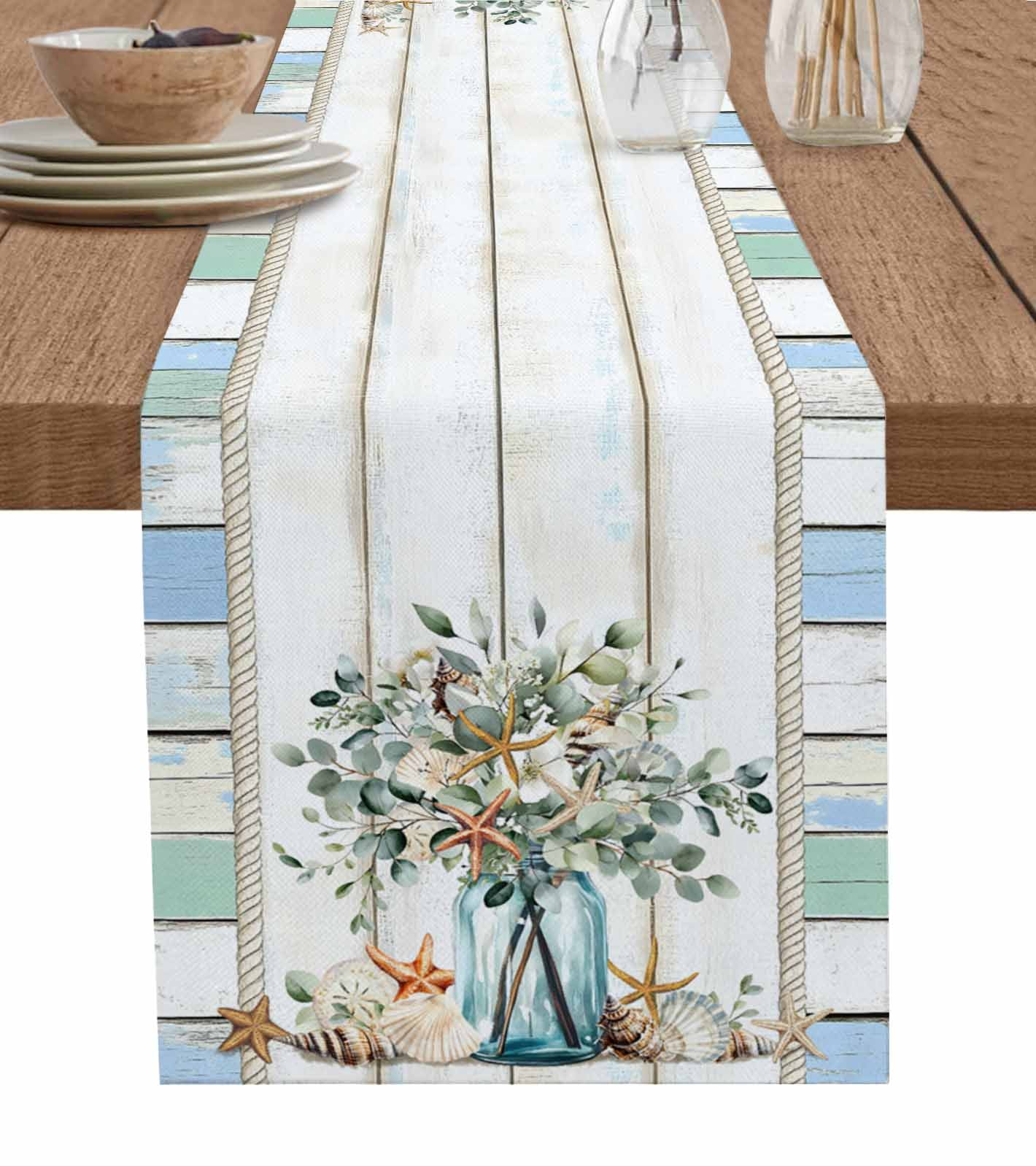 Table Runner Dresser Scarf 13 x 72 Inch Eucalyptus Leaf Starfish Shell ...