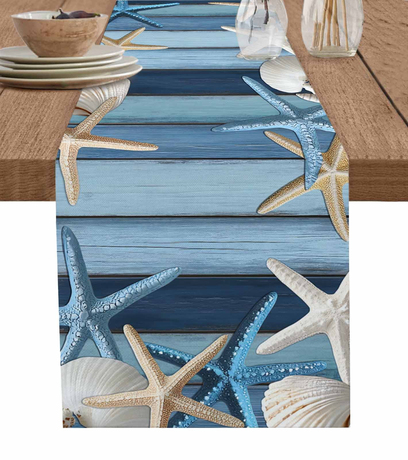 Table Runner Dresser Scarf 13 x 90 Inch Blue White Shell Starfish Blue ...