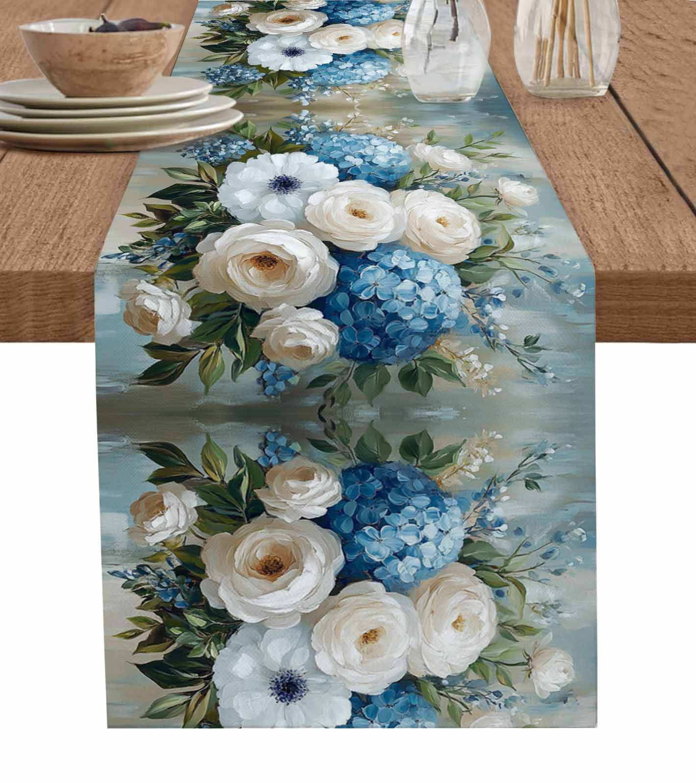 Table Runner Dresser Scarf 13 x 90 Inch Country Flower Plant Hydrangeas Peony Oil Painting Style ...