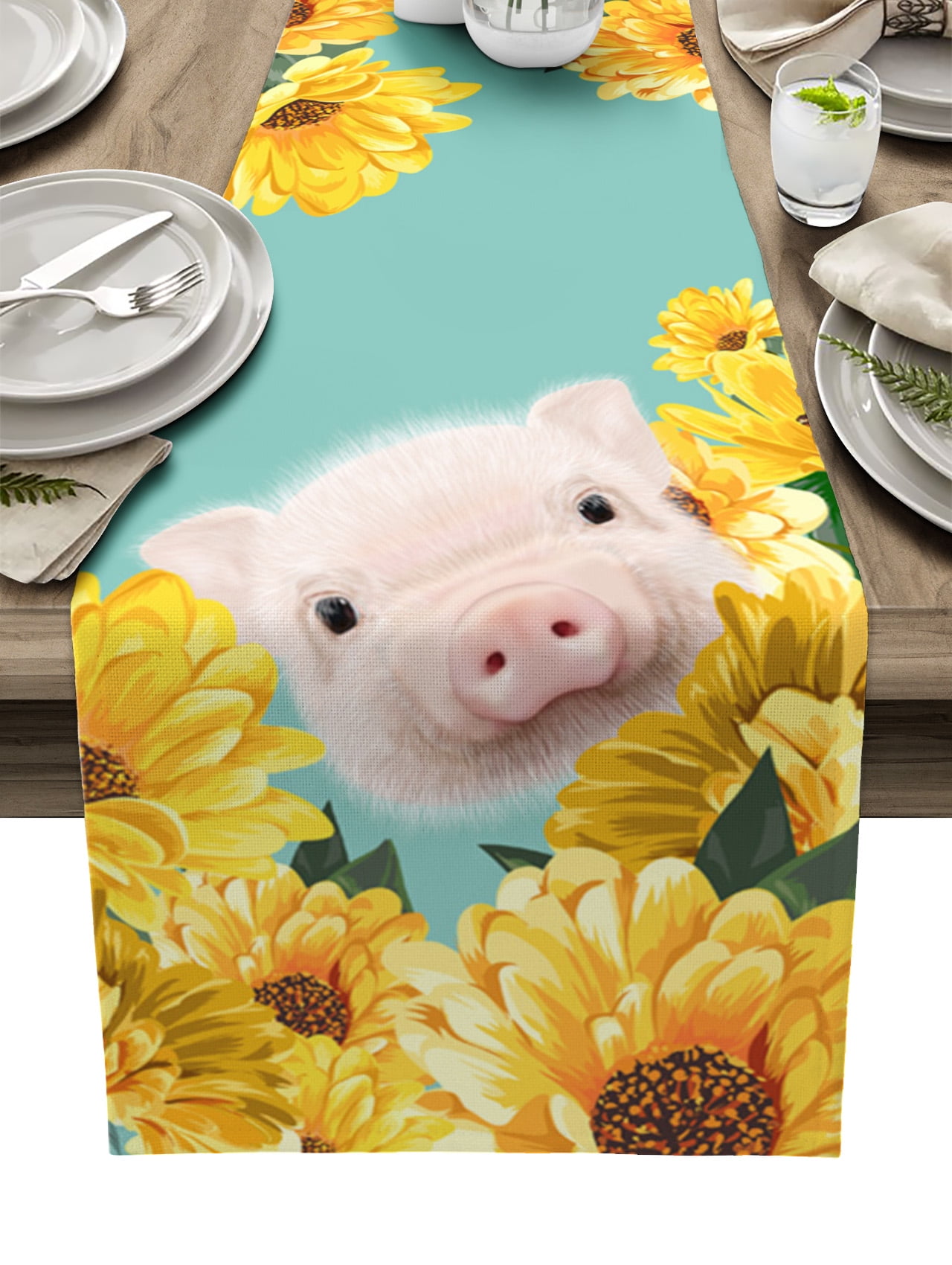 Table Runner Dresser Scarf 14 x 72 Inch Cute Pig and Yellow Daisy Table ...