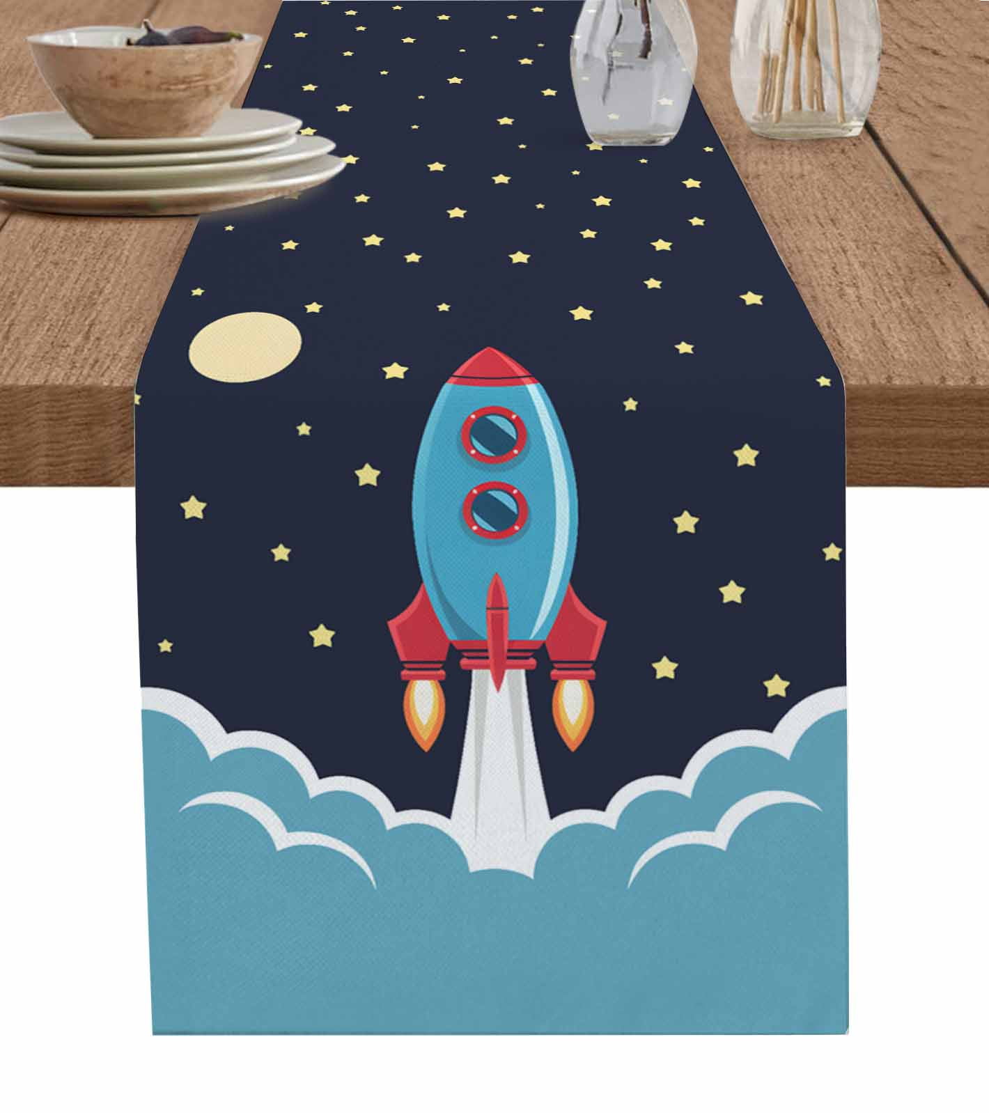 Table Runner Dresser Scarf 16 x 72 Inch Cute Cartoon Rocket Moon Stars ...