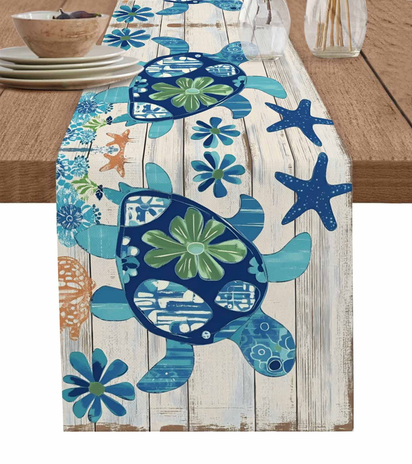 Table Runner Dresser Scarf 18 x 72 Inch Ocean Turtle Sea Animals Rustic ...