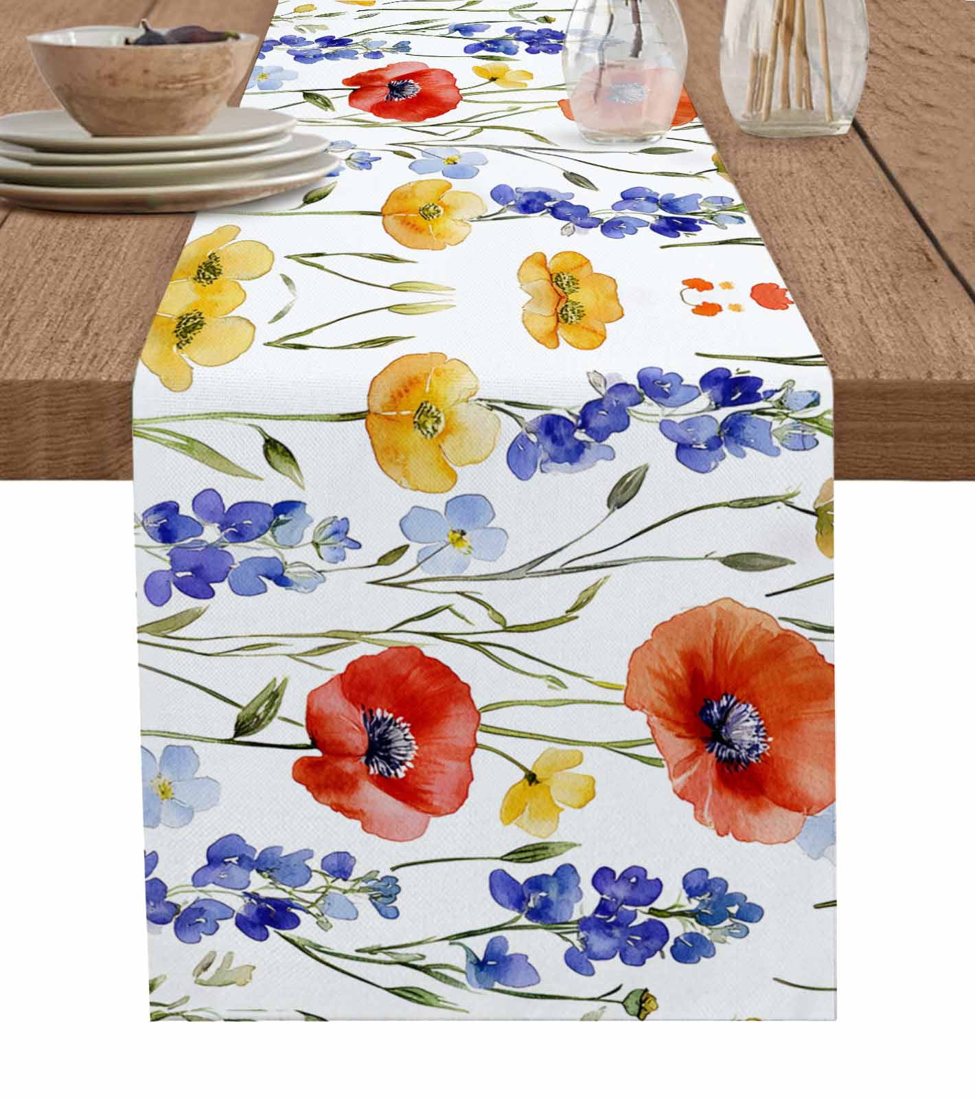 Table Runner Dresser Scarf 18 x 72 Inch Spring Floral Red Yellow Poppy ...