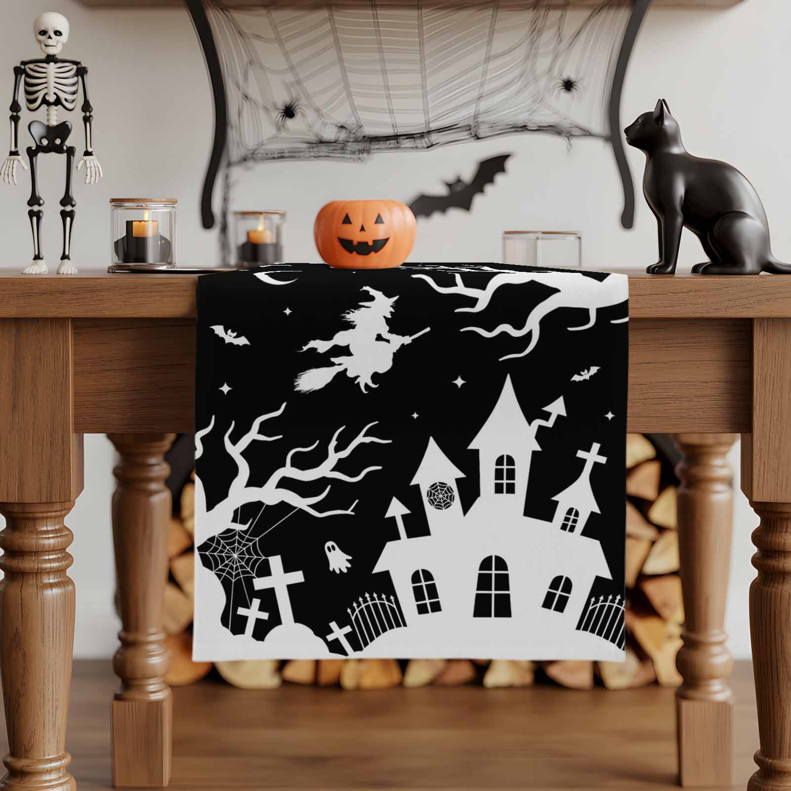 Table Runner Dresser Scarves 120 Inch Long,Halloween Black White Castle ...