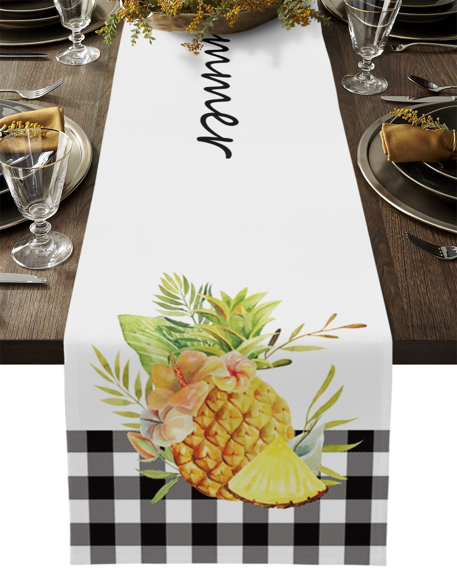 Table Runner Dresser Scarves 120 Inch Long, Watercolor Summer Pineapple Leaves Linen Dining ...