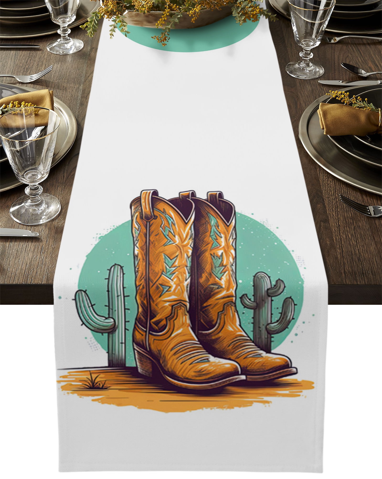 Table Runner Dresser Scarves 120 Inch Long, Western Cowboy Vintage Boot ...