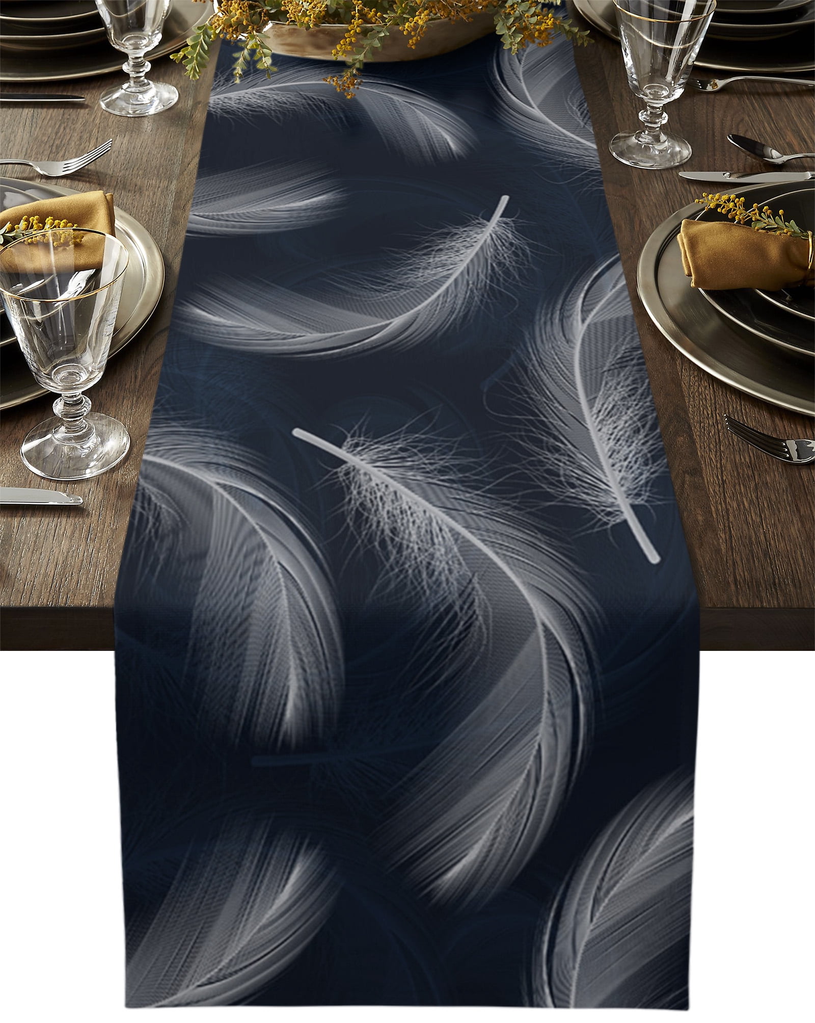 Table Runner Dresser Scarves 36 Inch Long, Abstract White Feather Texture Linen Dining Table ...